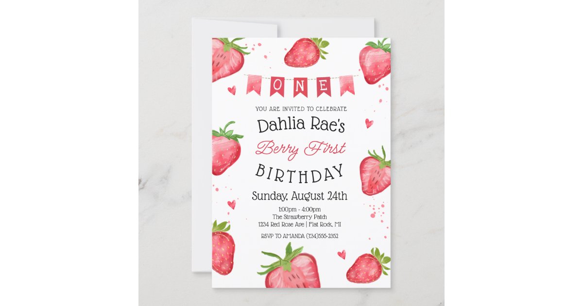 Berry First Birthday Strawberry Invitation | Zazzle