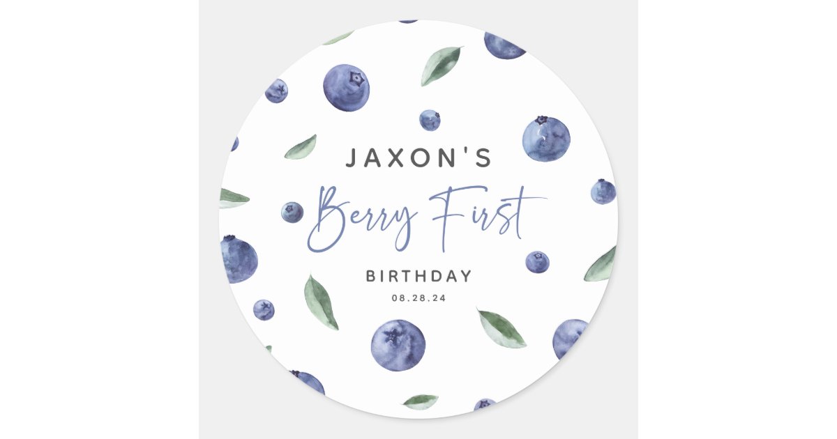 'Berry First' Blueberry 1st Birthday Classic Round Sticker | Zazzle