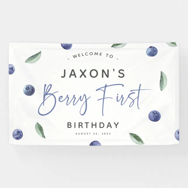 'Berry First' Blueberry 1st Birthday Party Banner | Zazzle