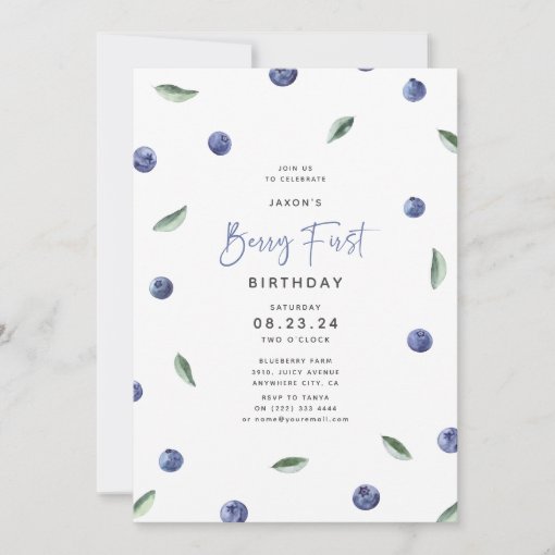 'Berry First' Blueberry 1st Birthday Party Invitation | Zazzle
