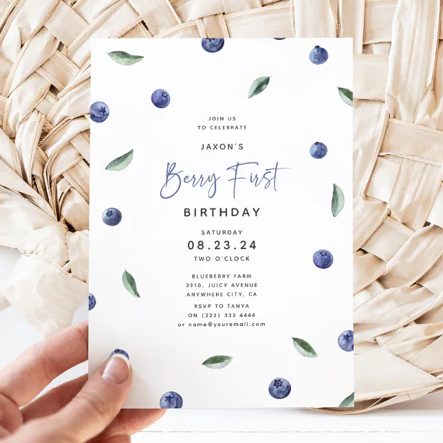 'Berry First' Blueberry 1st Birthday Party Invitation | Zazzle