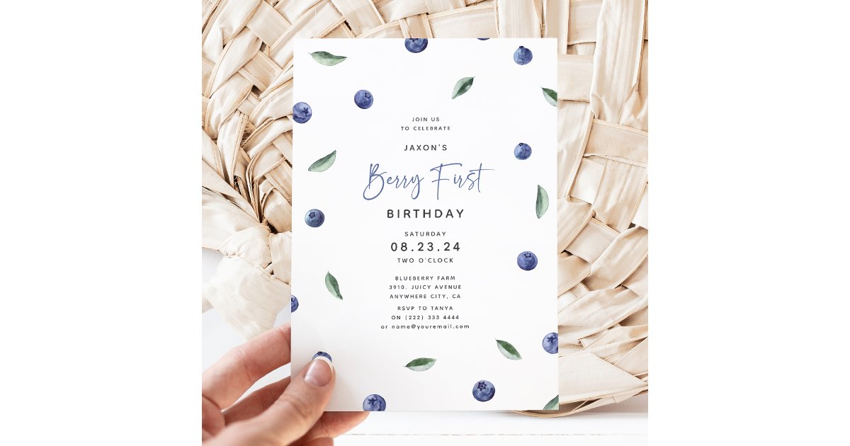 'Berry First' Blueberry 1st Birthday Party Invitation | Zazzle