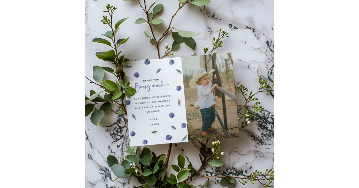 'Berry First' Blueberry 1st Birthday Party Thank You Card | Zazzle