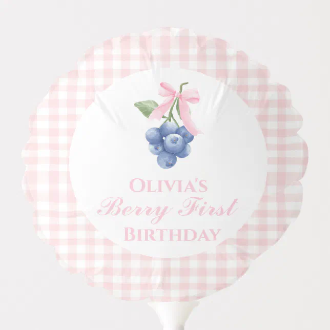 Berry first blueberry birthday Pink Bow Gingham Balloon | Zazzle