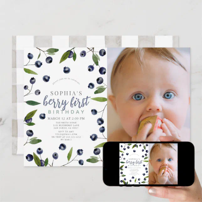 Berry First Blueberry Greenery 1st Birthday Photo Invitation | Zazzle