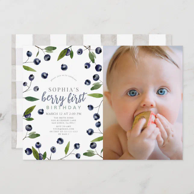 Berry First Blueberry Greenery 1st Birthday Photo Invitation | Zazzle