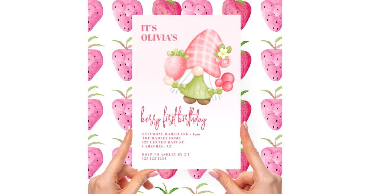 Berry First Cute Gnome 1st Birthday Invitation | Zazzle