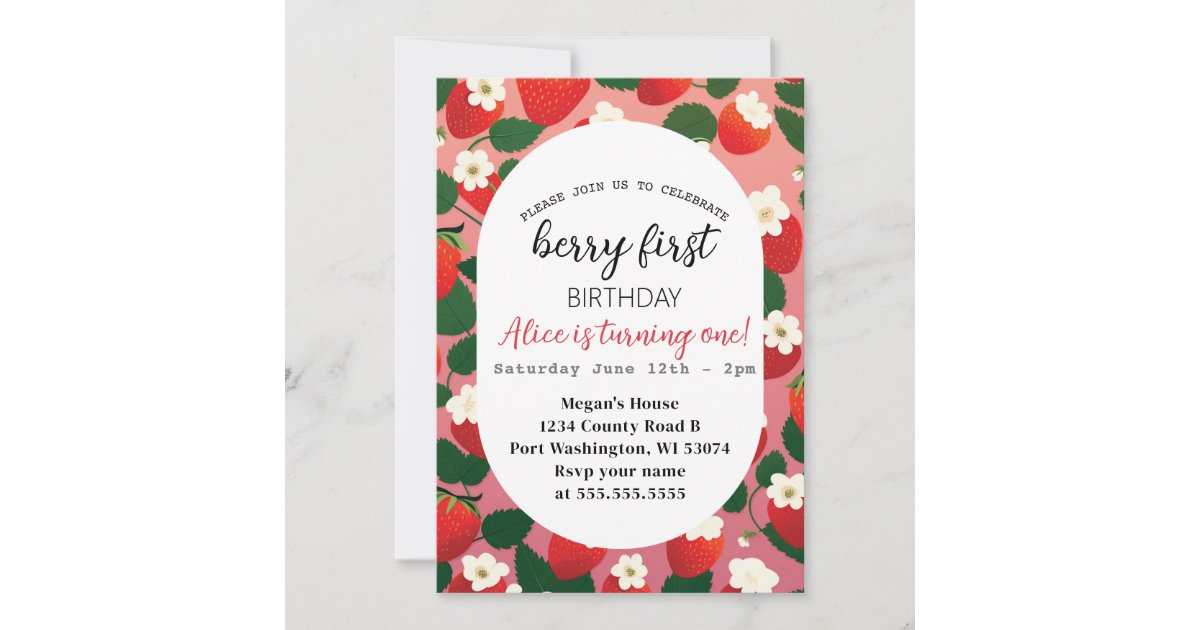 Berry First Cute Strawberry 1st Birthday Invitation | Zazzle