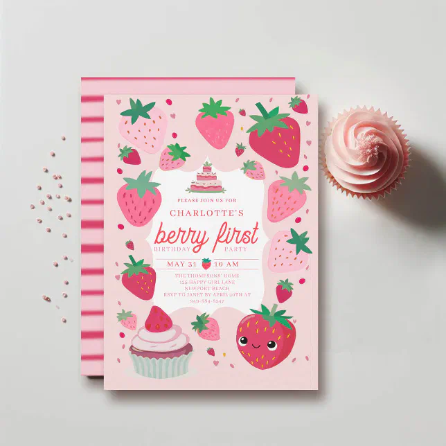 Berry First Cute Strawberry Frame Red 1st Birthday Invitation | Zazzle