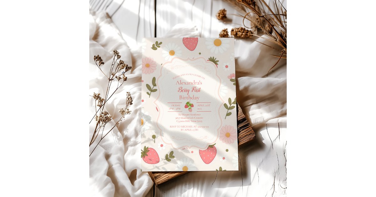 Berry First | Cute Strawberry Girl 1st Birthday Invitation | Zazzle