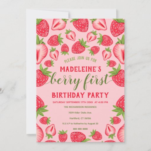 Berry First Pink Strawberry 1st Birthday Party Invitation | Zazzle