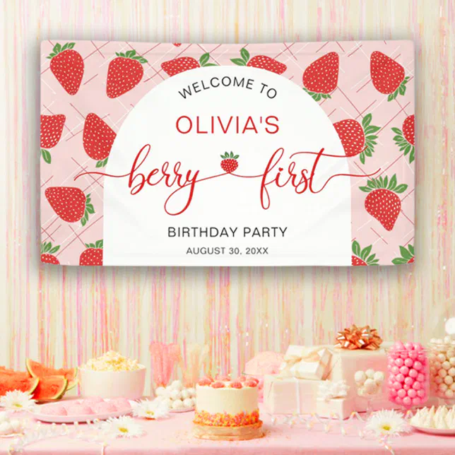 Berry First Strawberry 1st Birthday Party Banner | Zazzle