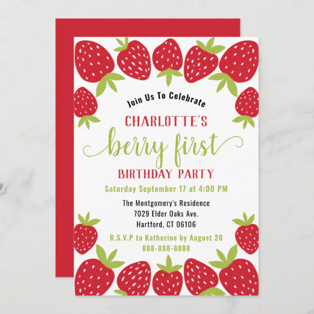 Berry First Strawberry 1st Birthday Party Custom Invitation | Zazzle