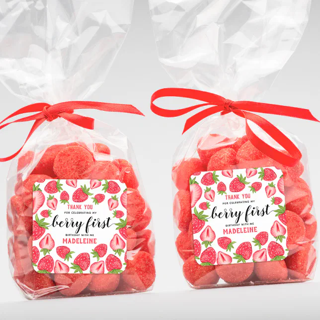 Berry First Strawberry 1st Birthday Party Custom Square Sticker | Zazzle