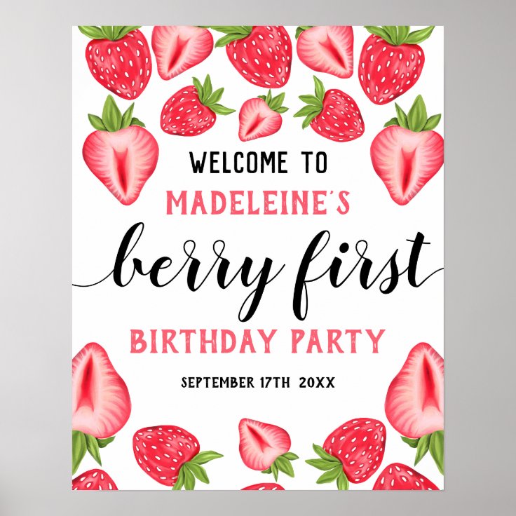 Berry First Strawberry 1st Birthday Party Welcome Poster | Zazzle