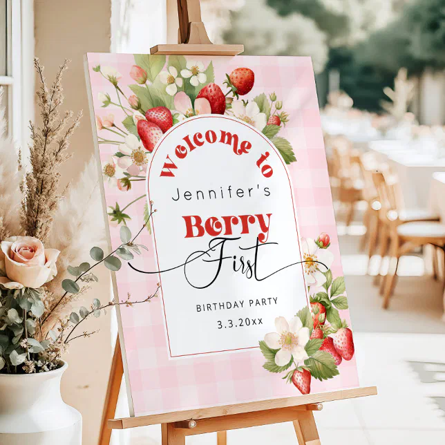 Berry First Strawberry 1st birthday welcome Foam Board | Zazzle