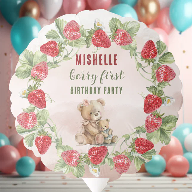 Berry First Strawberry and Bear Birthday Balloon | Zazzle