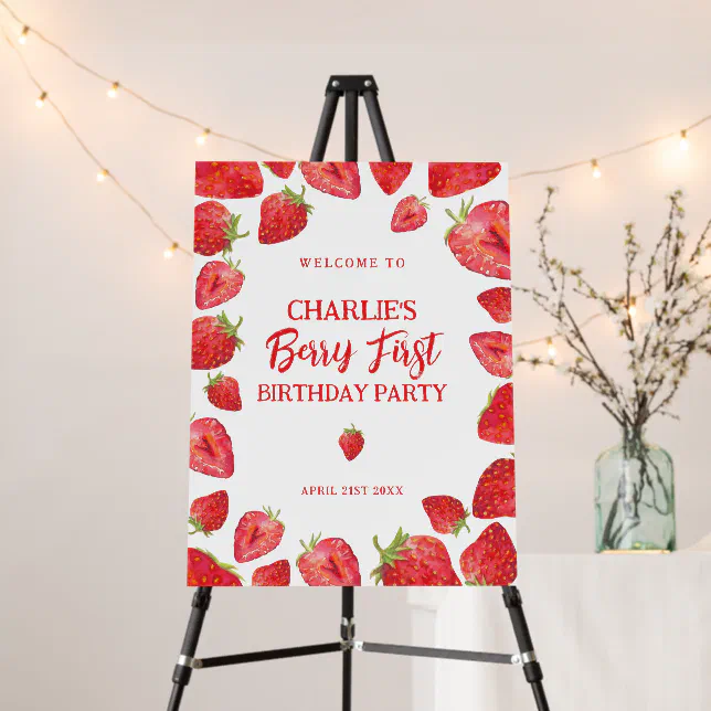 Berry First Strawberry Birthday Party Welcome Sign | Zazzle