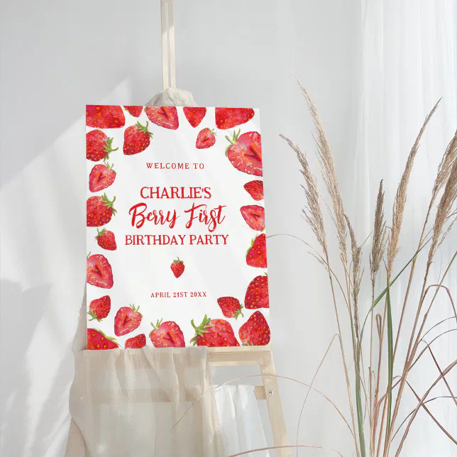 Berry First Strawberry Birthday Party Welcome Sign | Zazzle