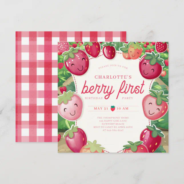 Berry First Strawberry Frame Sweet 1st Birthday Invitation | Zazzle