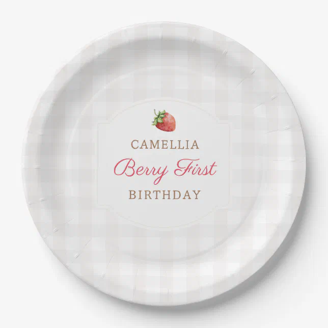 Berry First Strawberry Gingham Birthday Party Paper Plates | Zazzle