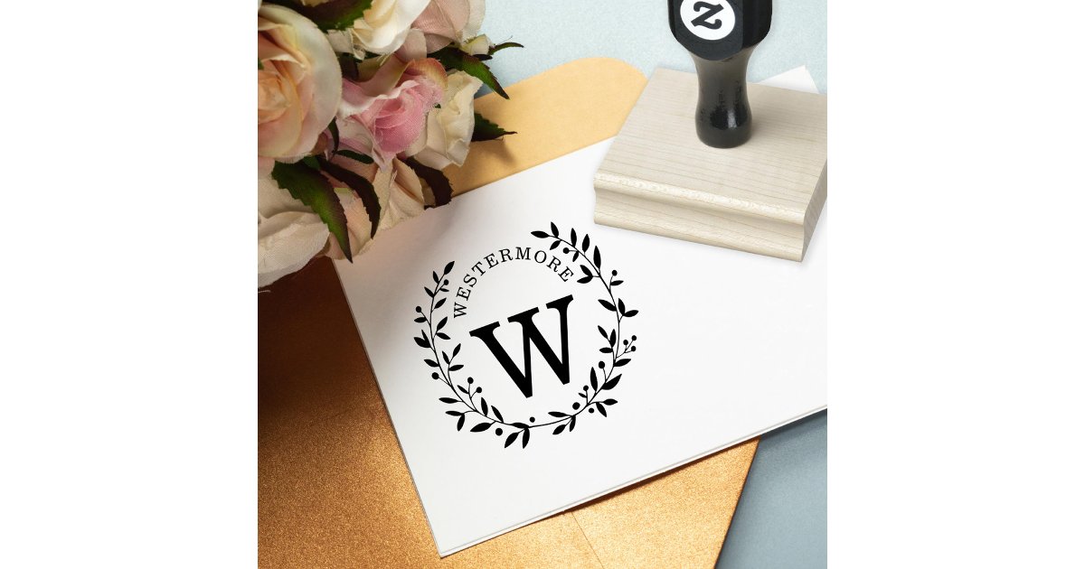 Berry Laurel Wreath Wedding Monogram Rubber Stamp | Zazzle