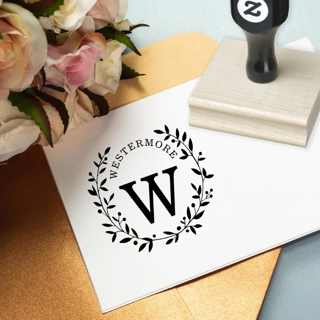 Berry Laurel Wreath Wedding Monogram Rubber Stamp | Zazzle