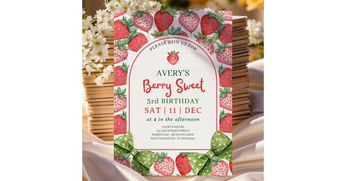 Berry Sweet 3rd Birthday Strawberry Invitation | Zazzle