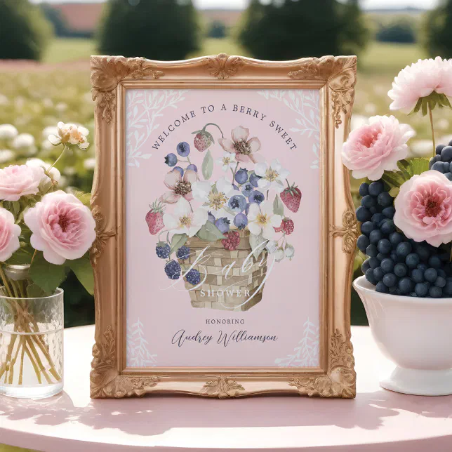 Berry Sweet Baby Shower Berries & Flowers Welcome Poster | Zazzle