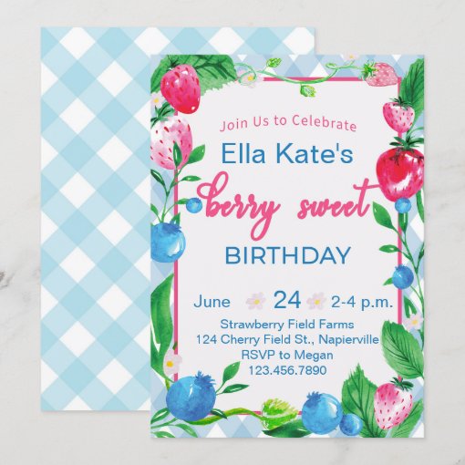 Berry Sweet Birthday Invitation Strawberry Gingham | Zazzle