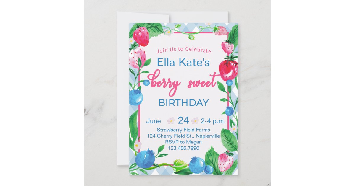 Berry Sweet Birthday Invitation Strawberry Gingham | Zazzle