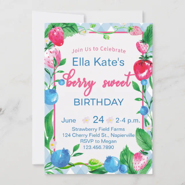 Berry Sweet Birthday Invitation Strawberry Gingham | Zazzle