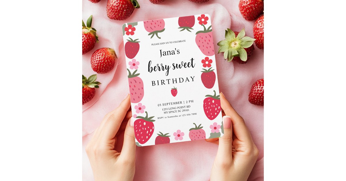 Berry Sweet Birthday with Strawberries Invitation | Zazzle