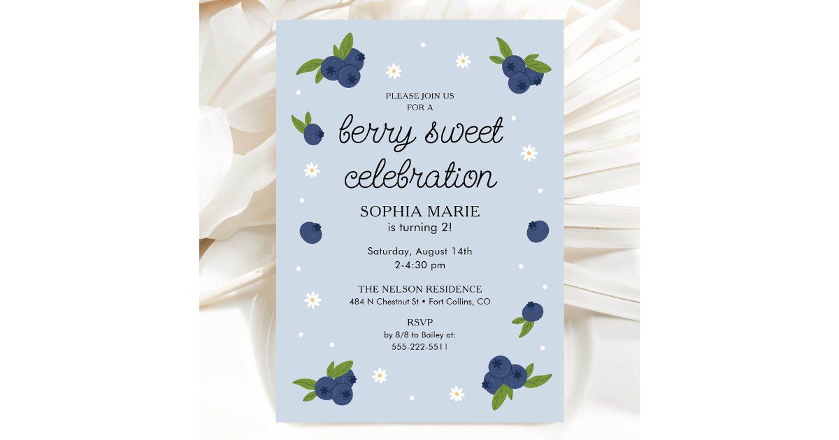Berry Sweet Blueberry Birthday Periwinkle Blue Invitation | Zazzle