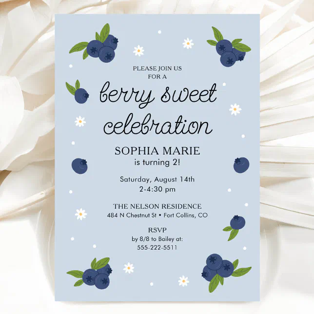 Berry Sweet Blueberry Birthday Periwinkle Blue Invitation | Zazzle
