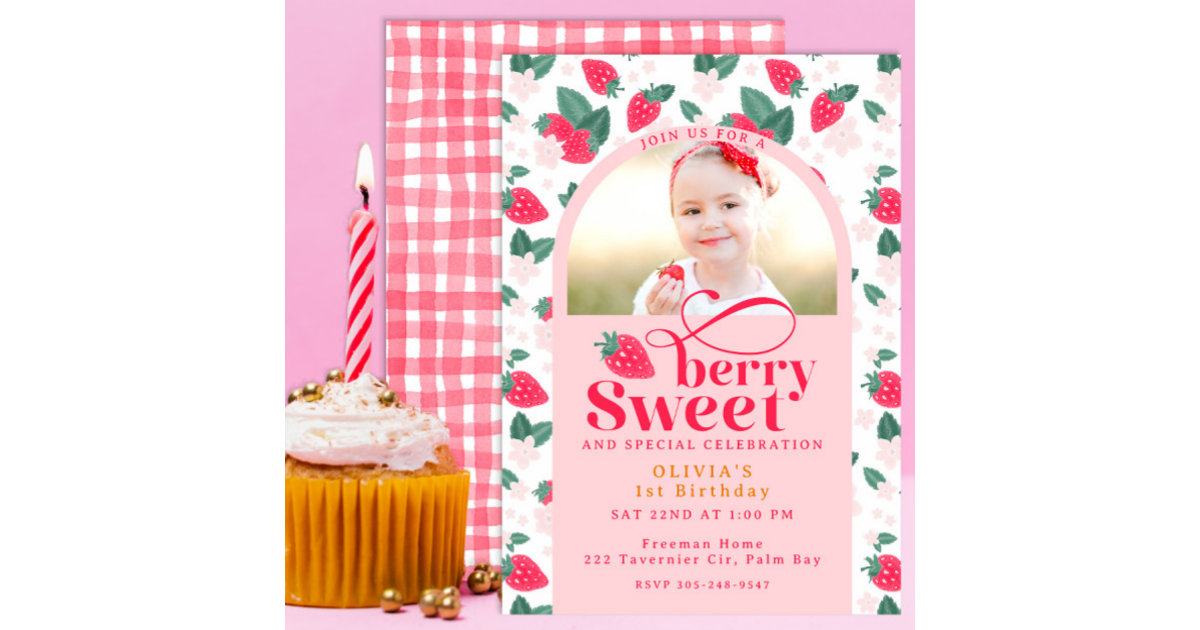 Berry Sweet First Birthday Photo Invitation | Zazzle