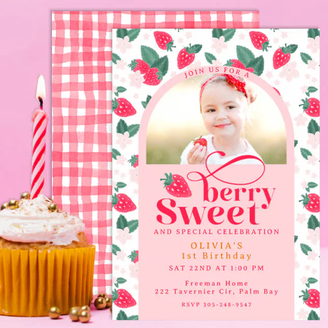Berry Sweet First Birthday Photo Invitation | Zazzle