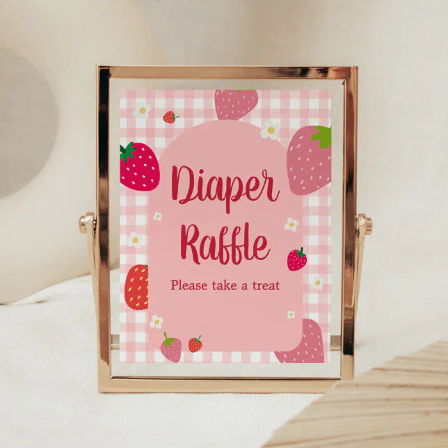 Berry Sweet Gingham Strawberry Diaper Raffle Poster | Zazzle
