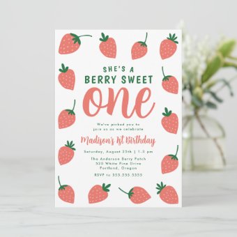 Berry Sweet One Strawberry 1st Birthday Invitation | Zazzle