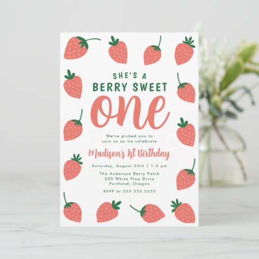 Berry Sweet One Strawberry 1st Birthday Invitation | Zazzle