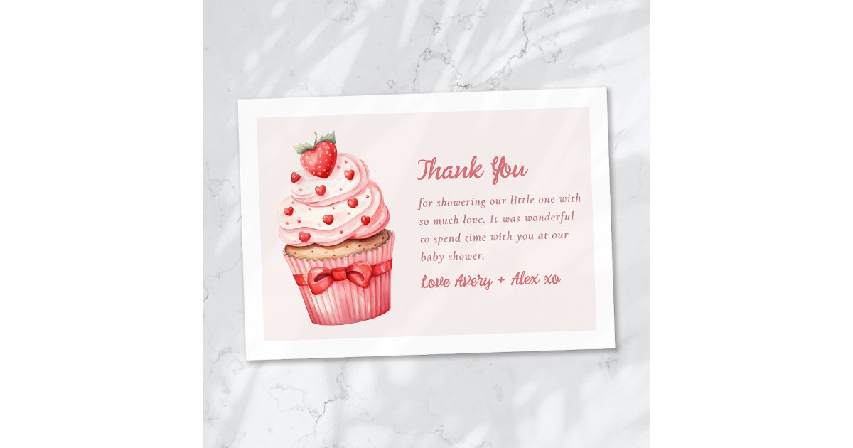 Berry Sweet Pink Cupcake Hearts Baby Shower Thank You Card | Zazzle