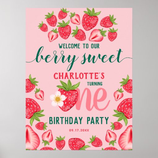 Berry Sweet Strawberry 1st Birthday Party Welcome Poster | Zazzle