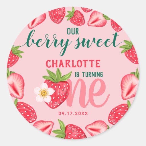Berry Sweet Strawberry Baby 1st Birthday Party Classic Round Sticker ...