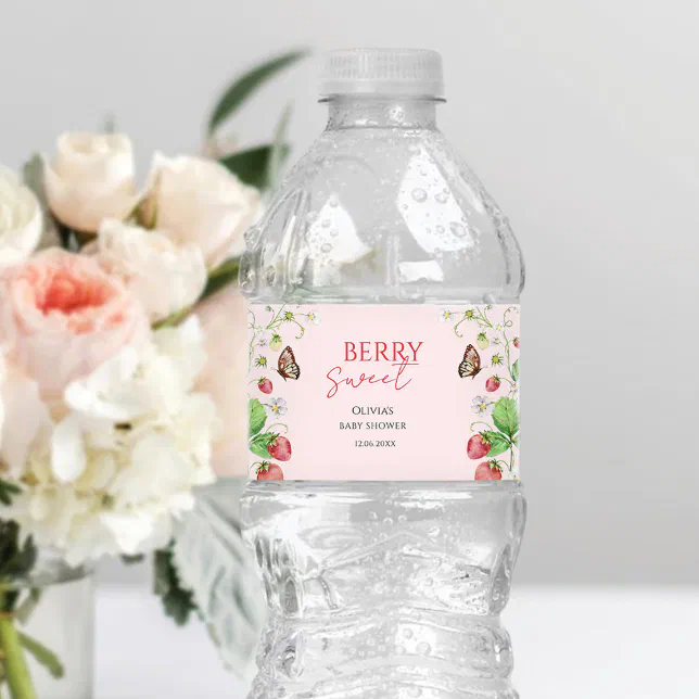 Berry Sweet Strawberry Baby Shower Water Bottle Label | Zazzle