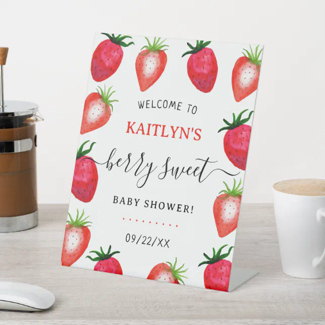Berry Sweet Strawberry Baby Shower Welcome Pedestal Sign | Zazzle