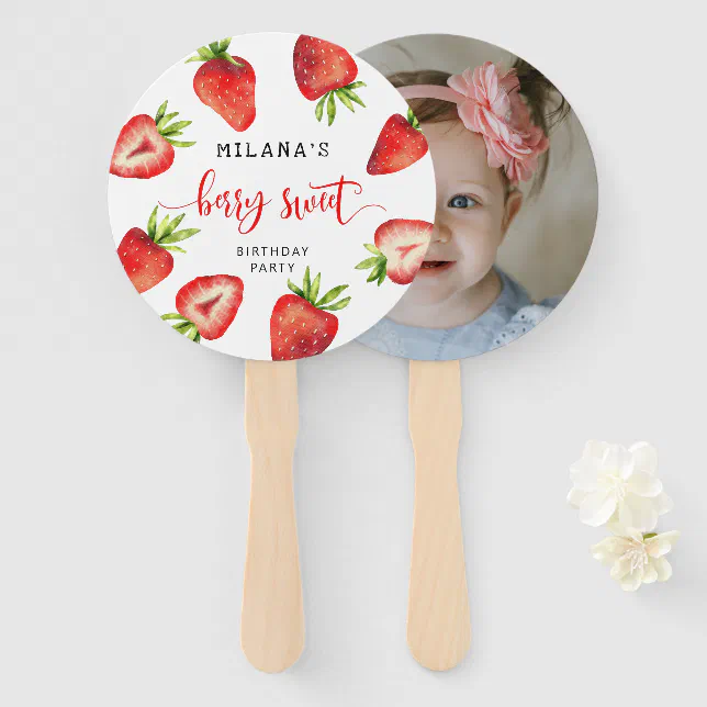 Berry Sweet Strawberry Birthday Party Photo Hand Fan | Zazzle