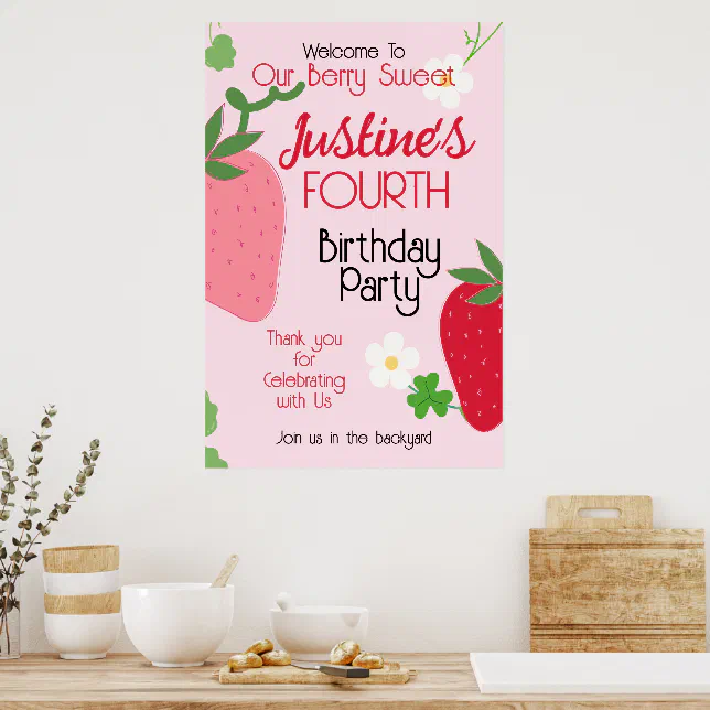 Berry Sweet Strawberry Birthday Party Poster | Zazzle