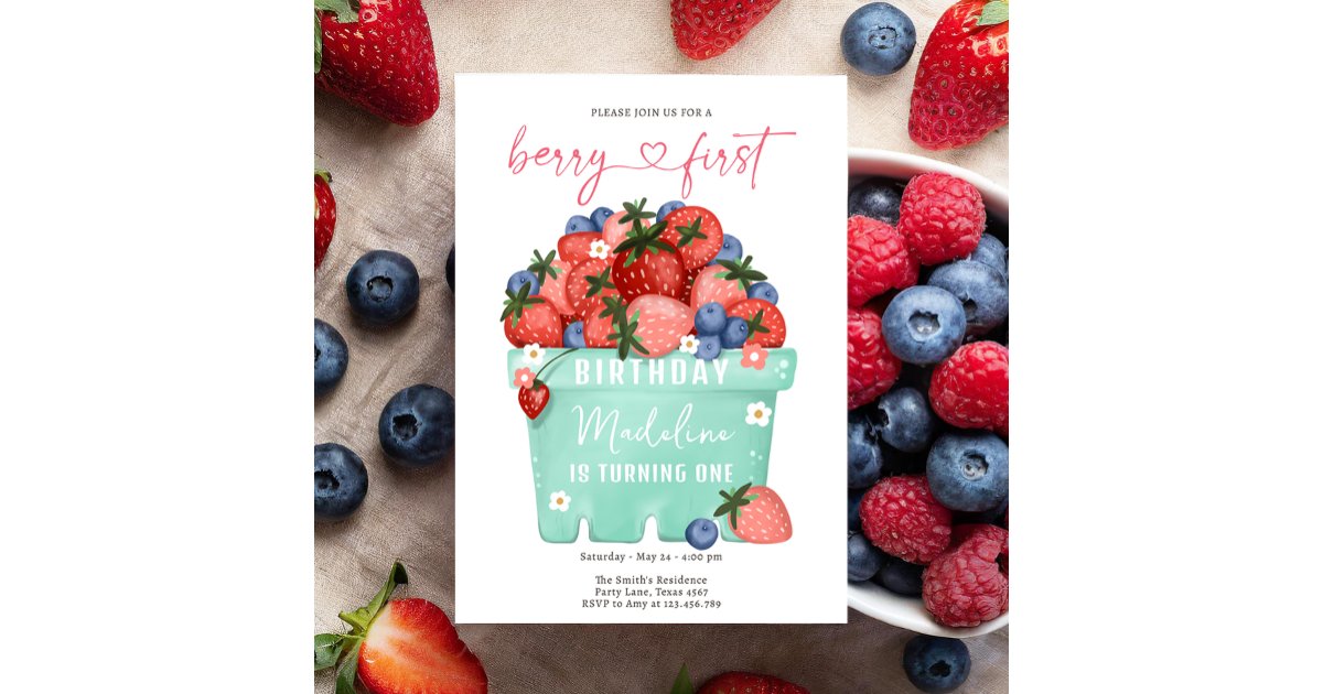 Berry Sweet Strawberry Blueberry First Birthday Invitation | Zazzle