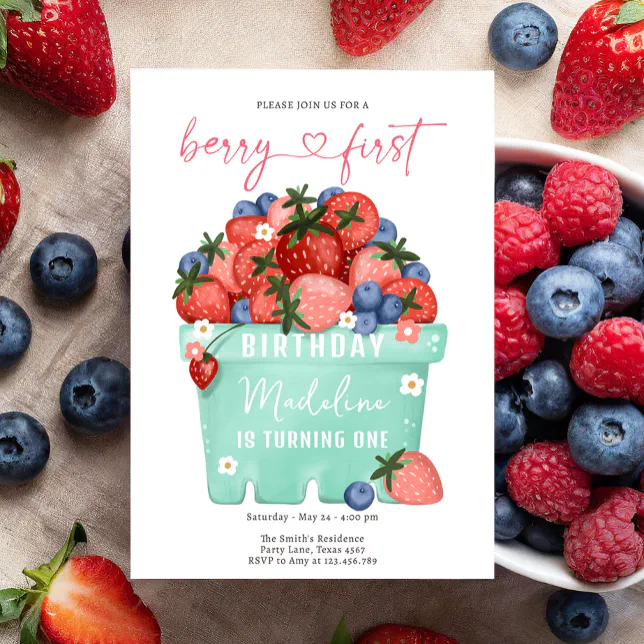 Berry Sweet Strawberry Blueberry First Birthday Invitation | Zazzle