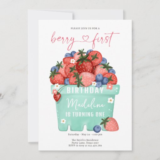 Berry Sweet Strawberry Blueberry First Birthday Invitation | Zazzle